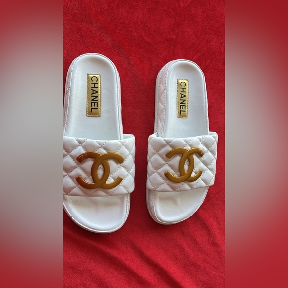 CHANEL | Shoes | Chanel White And Gold Quilted Slide Sandals | Poshmark